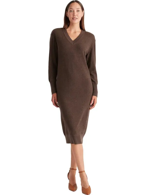 Quince Mongolian Cashmere V-neck Midi Sweater Dress - Brown