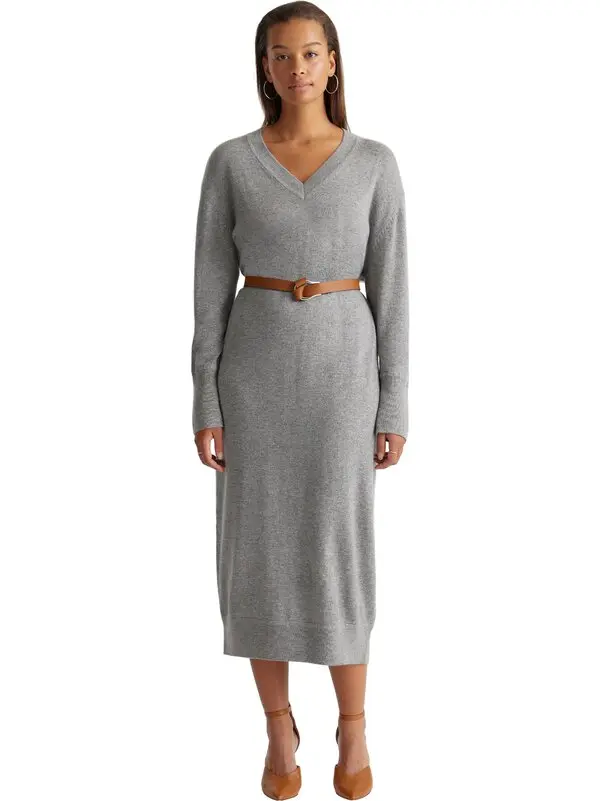 Quince Mongolian Cashmere V-neck Midi Sweater Dress - Heather Grey