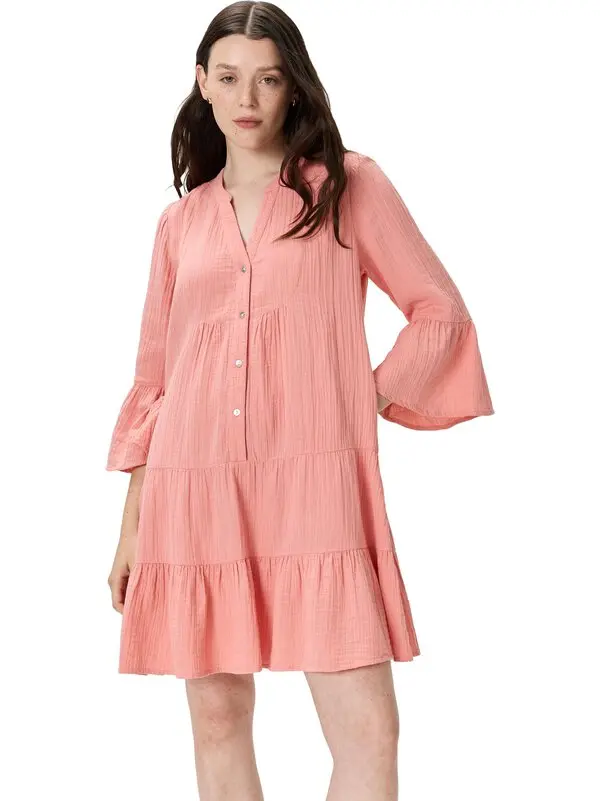 Quince Gauze Long Sleeve Tiered Mini Dress - Coral Blush