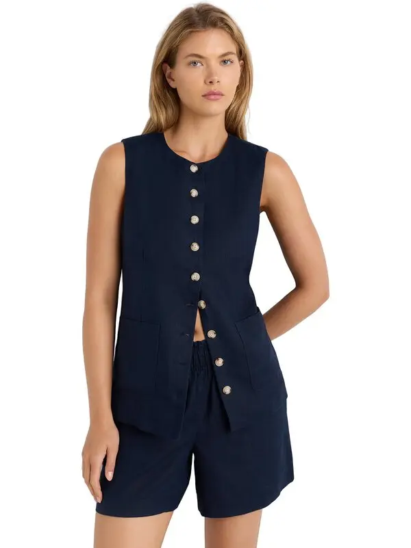Quince 100% European Linen Longline Vest - Deep Navy