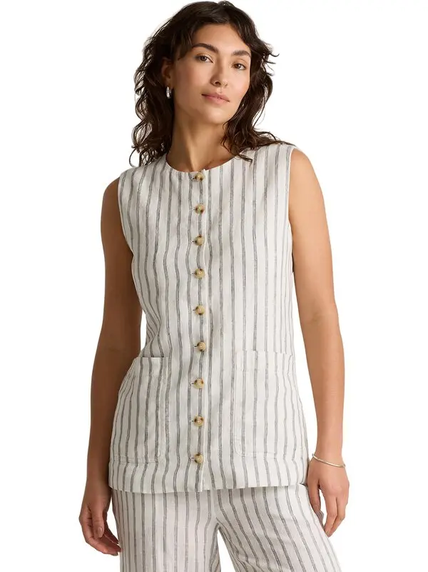 Quince 100% European Linen Longline Vest - Oatmeal / Black Stripe