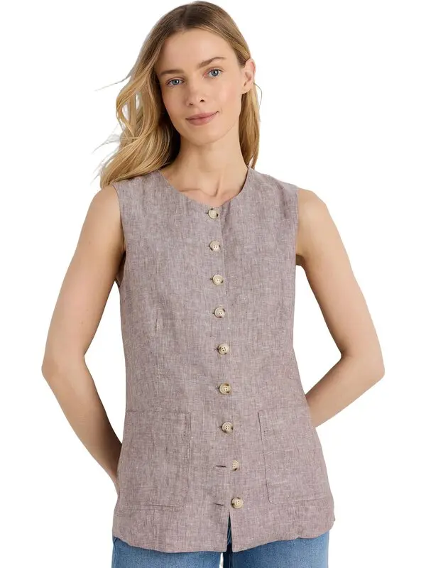 Quince 100% European Linen Longline Vest - Taupe Brown Chambray