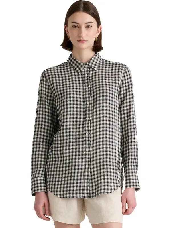Quince 100% European Linen Long Sleeve Shirt - Khaki / Black Gingham