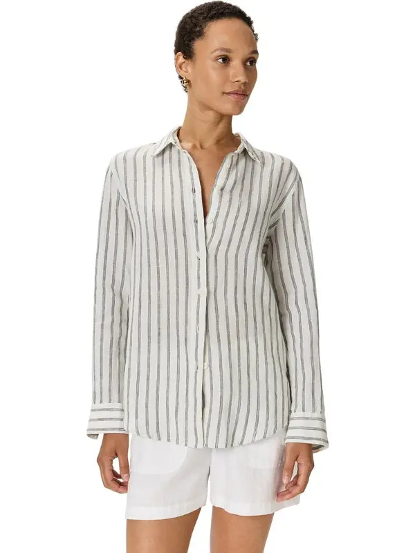 Quince 100% European Linen Long Sleeve Shirt - Oatmeal / Black Stripe