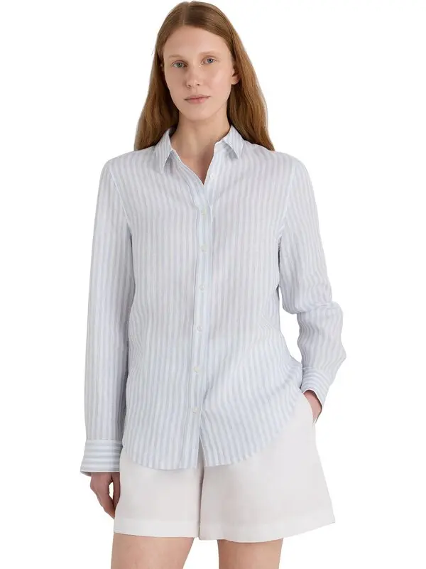 Quince 100% European Linen Long Sleeve Shirt - Sky Blue Mariner Stripe
