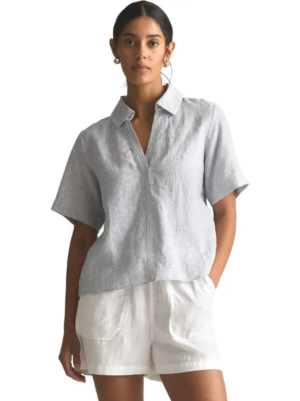 Quince 100% European Linen Short Sleeve Popover Top - Blue Pinstripe