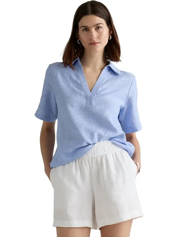 Quince Linen Popover Top - French Blue