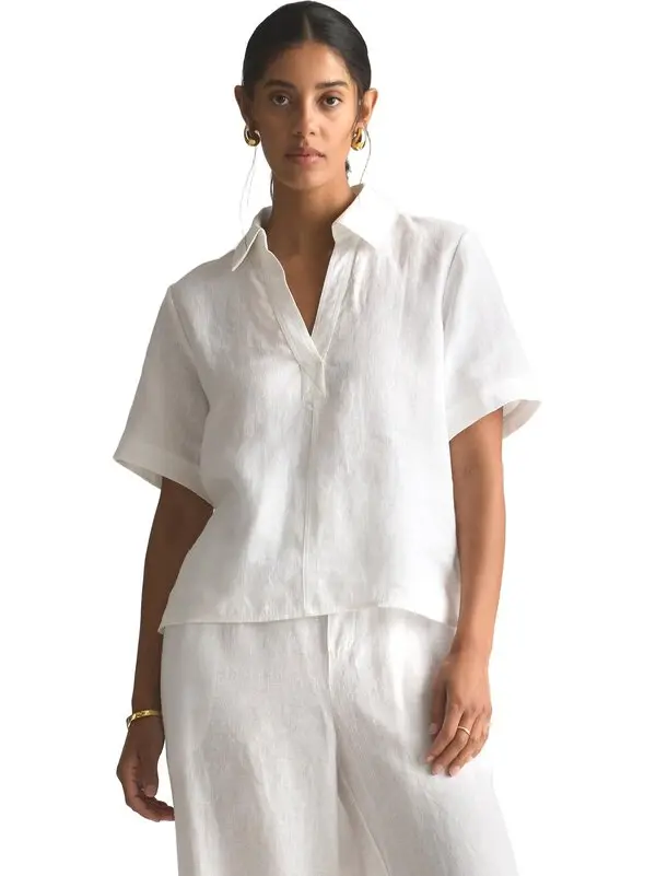 Quince Linen Popover Top - White