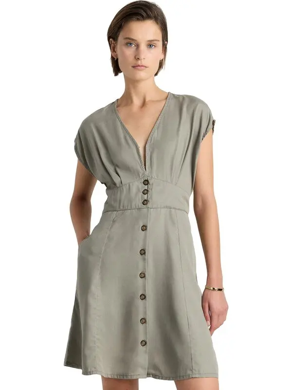 Quince Vintage Wash Tencel Button Front Dress - Olive