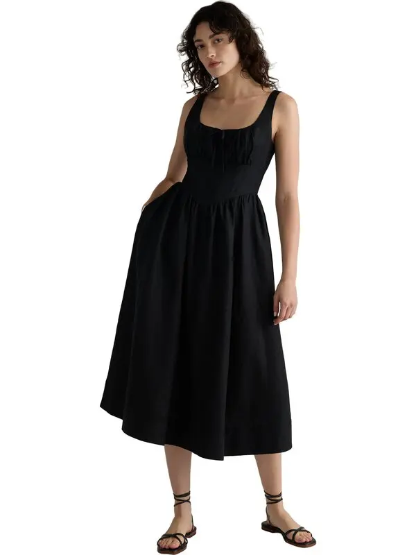 Quince 100% European Linen Corset Midi Dress - Black