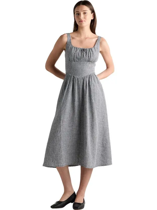Quince 100% European Linen Corset Midi Dress - Classic Mini Gingham