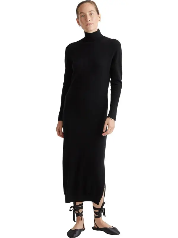 Quince Mongolian Spring Cashmere Turtleneck Midi Sweater Dress - Black