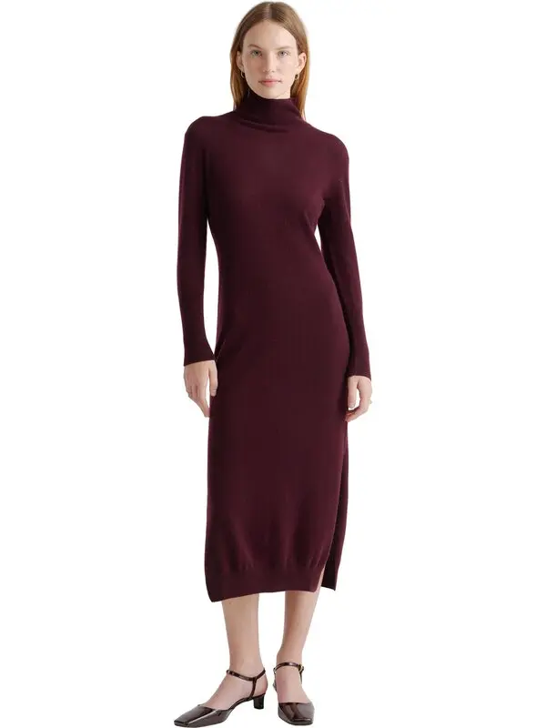 Quince Cashmere Turtleneck Midi Sweater Dress - Burgundy