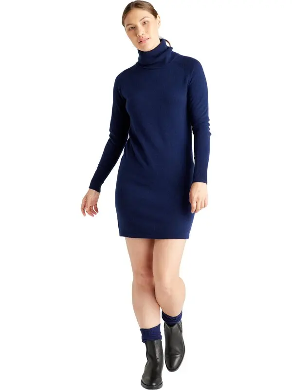Quince Lightweight Mongolian Cashmere Turtleneck Sweater Dress - Navy