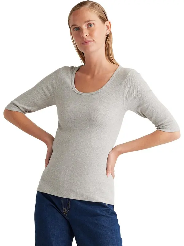 Quince Micro-rib Elbow Sleeve T-shirt - Heather Grey