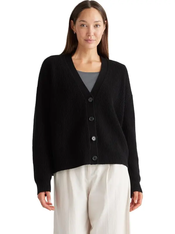 Quince Mongolian Spring Cashmere Fisherman Boxy Cropped Cardigan - Black