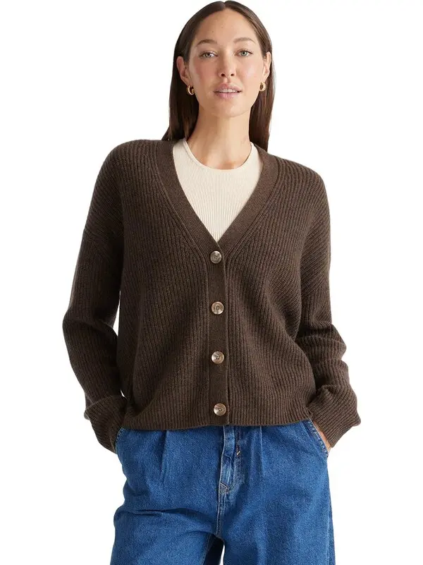 Quince Mongolian Spring Cashmere Fisherman Boxy Cropped Cardigan Sweater - Brown