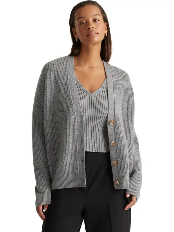 Quince Mongolian Spring Cashmere Fisherman Boxy Cropped Cardigan Sweater - Heather Grey