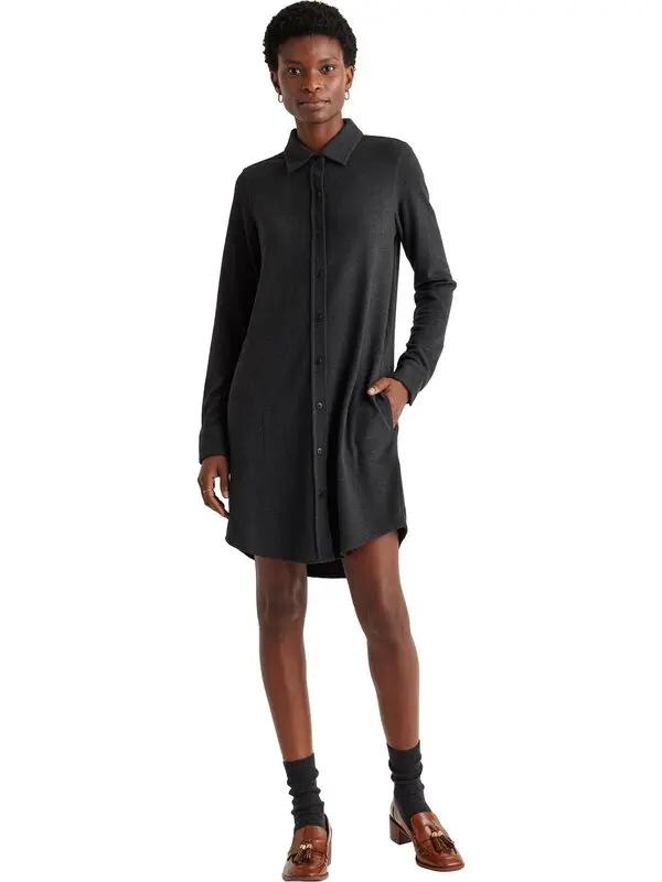 Quince Stretch Sweater Fleece Shirt Dress - Black