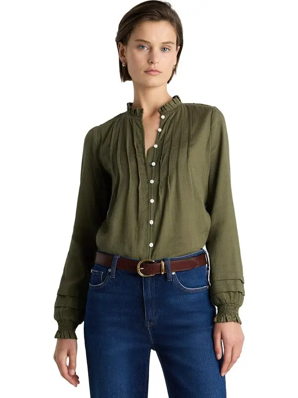 Quince Organic Textured Cotton Peasant Blouse - Caper