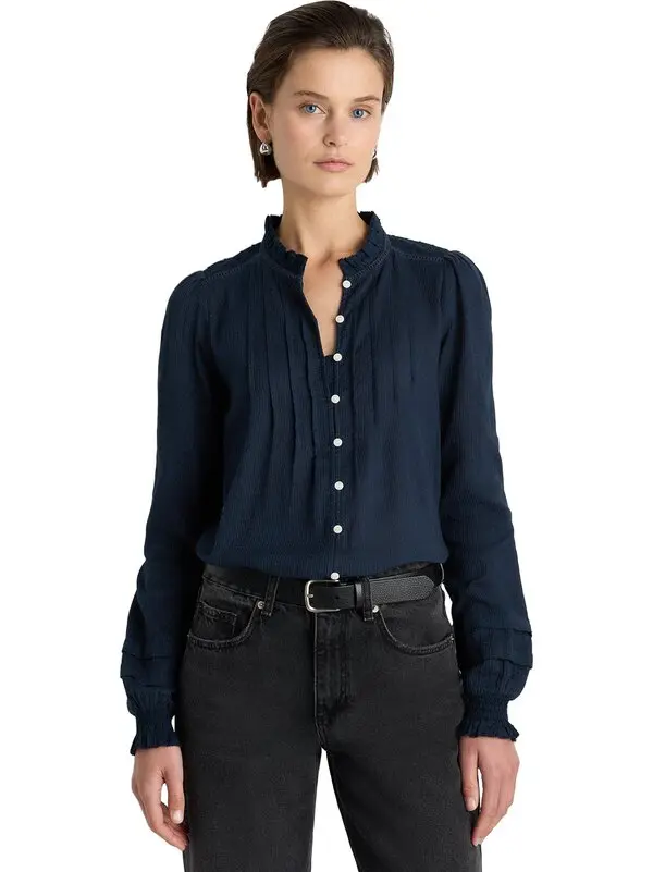 Quince Organic Textured Cotton Peasant Blouse - Navy