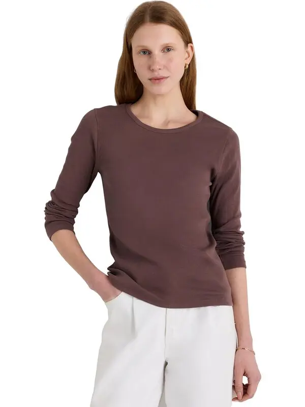 Quince Organic Cotton Micro-rib Long Sleeve Tee - Taupe Brown