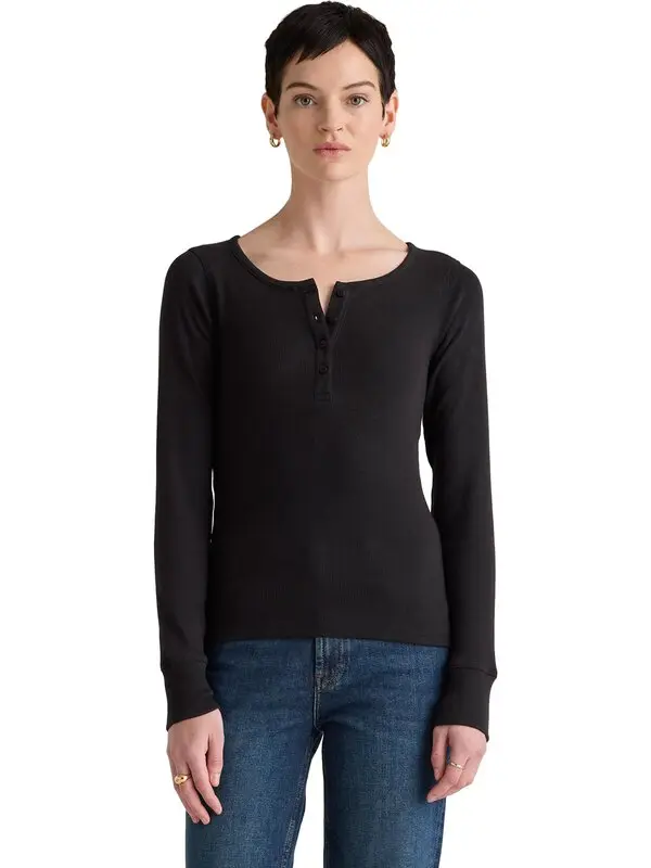 Quince Micro-rib Henley Long Sleeve T-shirt - Black