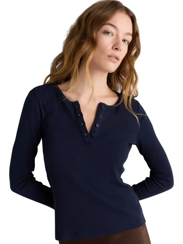 Quince Micro-rib Henley Long Sleeve T-shirt - Deep Navy