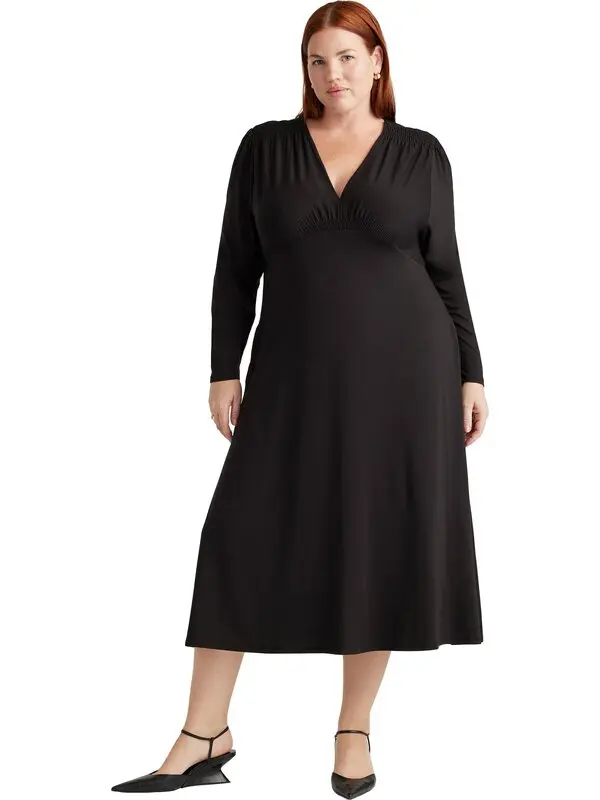 Quince Tencel Jersey V-neck Long Sleeve Midi Dress - Black