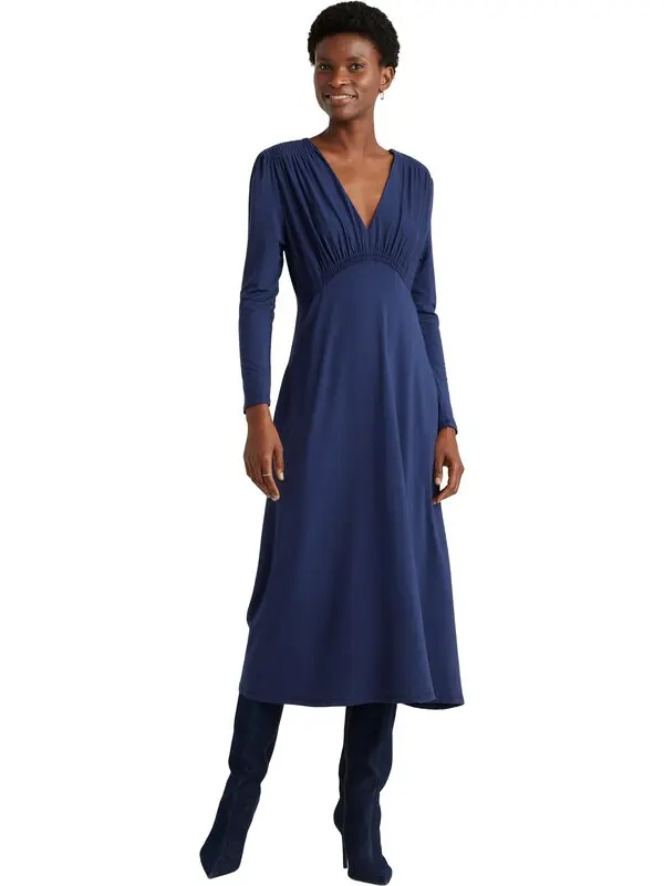 Quince Tencel Jersey V-neck Long Sleeve Midi Dress - Navy