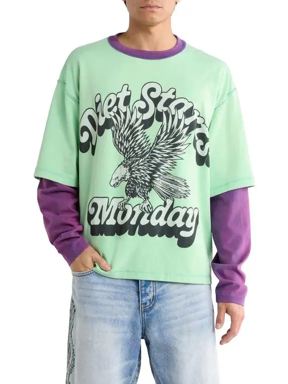 DIET STARTS MONDAY Layered Look Cotton Graphic T-shirt - Teal/purple