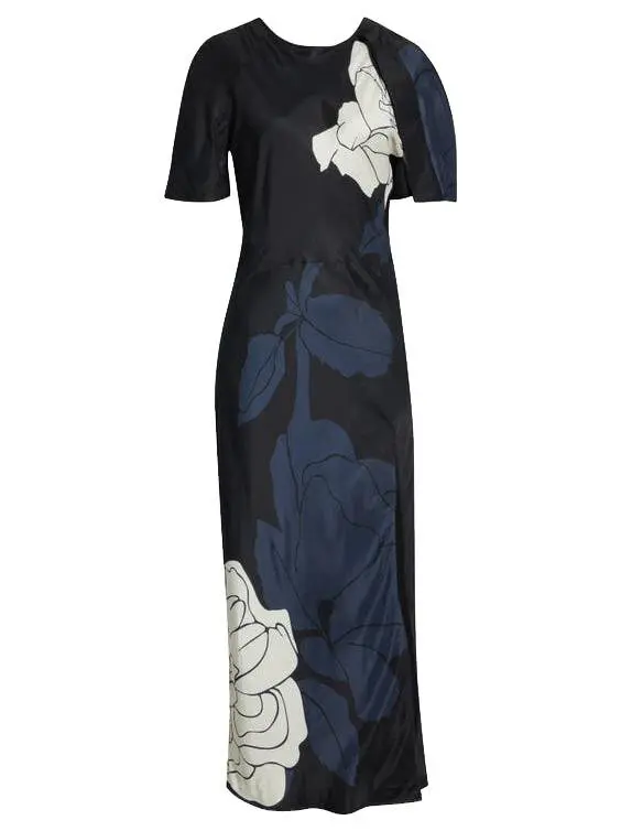 Victoria Beckham Floral Print Midi Column Dress - Dark Navy Pale Rose