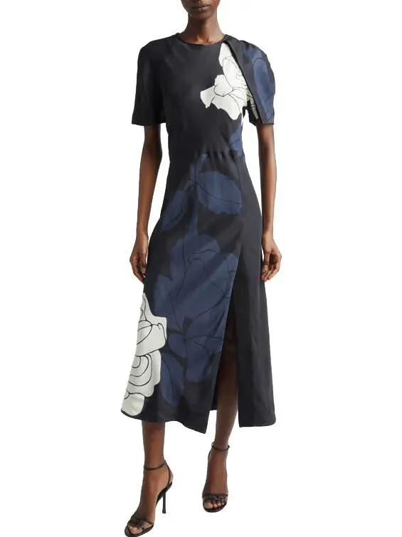 Victoria Beckham Floral Print Midi Column Dress - Dark Navy Pale Rose