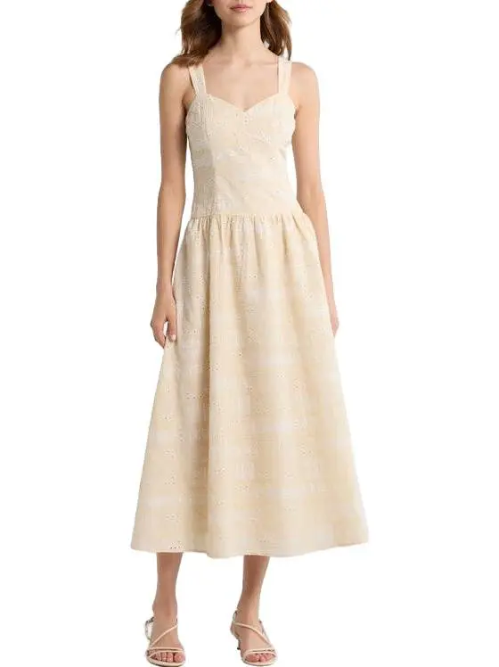Moon River Eyelet Lace Patchwork Midi Sundress - Taupe