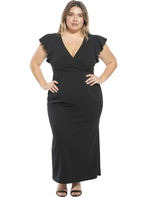 24SEVEN COMFORT APPAREL Solid V-neck Tulip Hem Maxi Dress - Black
