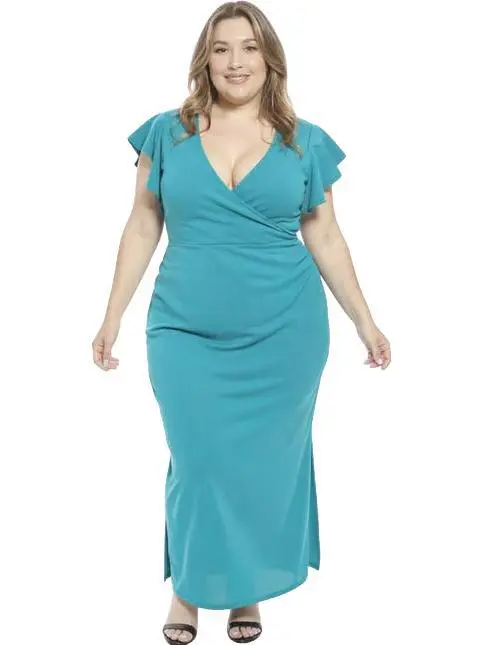 24SEVEN COMFORT APPAREL Solid V-neck Tulip Hem Maxi Dress - Jade