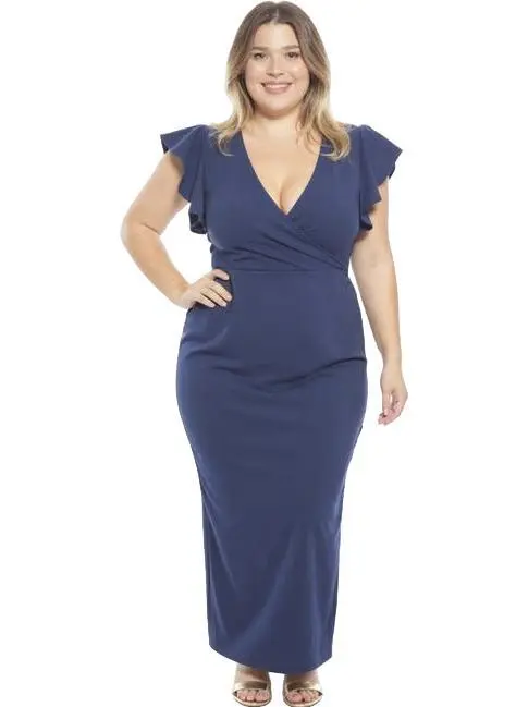 24SEVEN COMFORT APPAREL Solid V-neck Tulip Hem Maxi Dress - Navy
