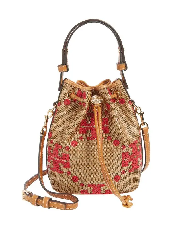 Tory Burch Mini T Monogram Straw Bucket Bag - Natural