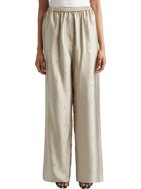 FERRAGAMO Gancini Jacquard Silk Wide Leg Pants - Safari
