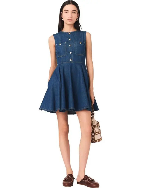 Maje Cotton Short Fit And Flare Denim Dress - Navy