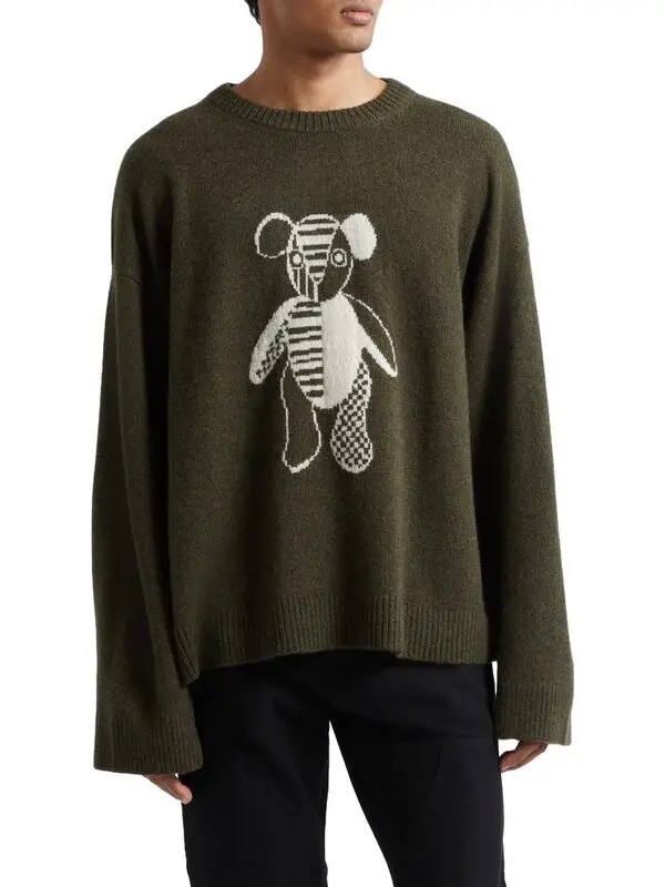 THE ELDER STATESMAN Teddy Intarsia Oversize Cashmere Sweater - New Olive/white