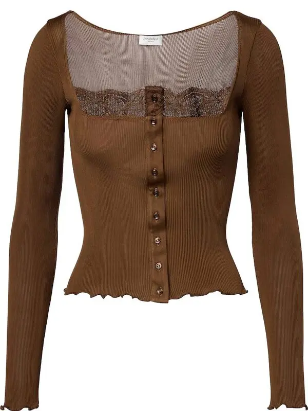 Saint Laurent Lace-trimmed Ribbed-knit Silk Jersey Top - Brown