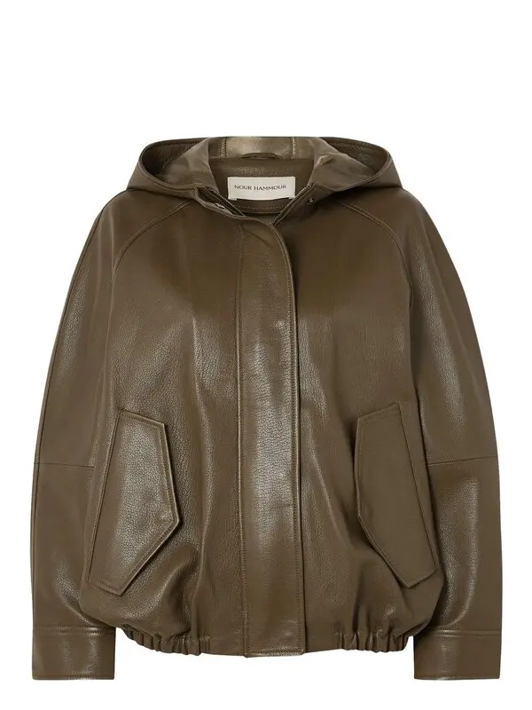 Nour Hammour Hooded Textured-leather Bomber Jacket - Army Green