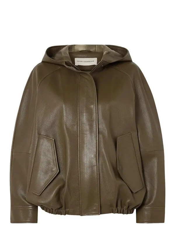 Nour Hammour Hooded Textured-leather Bomber Jacket - Green