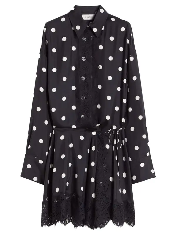 Sportmax Polka Dot Silk Twill Mini Shirt Dress With Lace Details - Black
