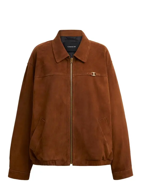 COACH Heritage C Oversized Suede Bomber - Dark Brown