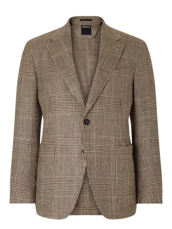 Zegna Houndstooth Linen, Silk And Wool-blend Blazer - Brown