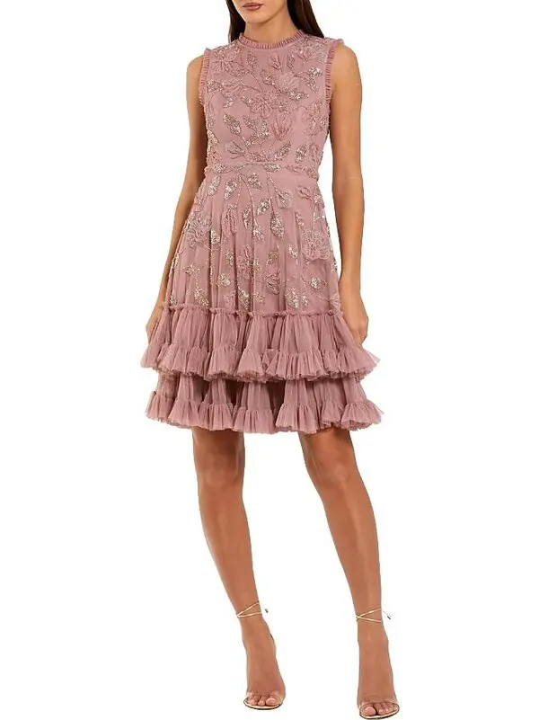 Mac Duggal High Neck Beaded Mini Dress With Ruffled Hem - Antique Rose