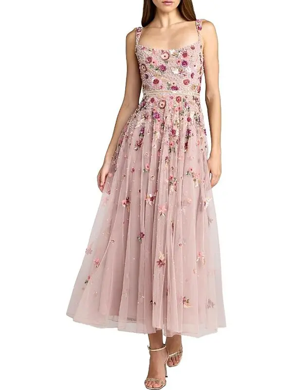 Mac Duggal Sleeveless Hand Beaded Scoop Neck Midi Dress - Vintage Rose