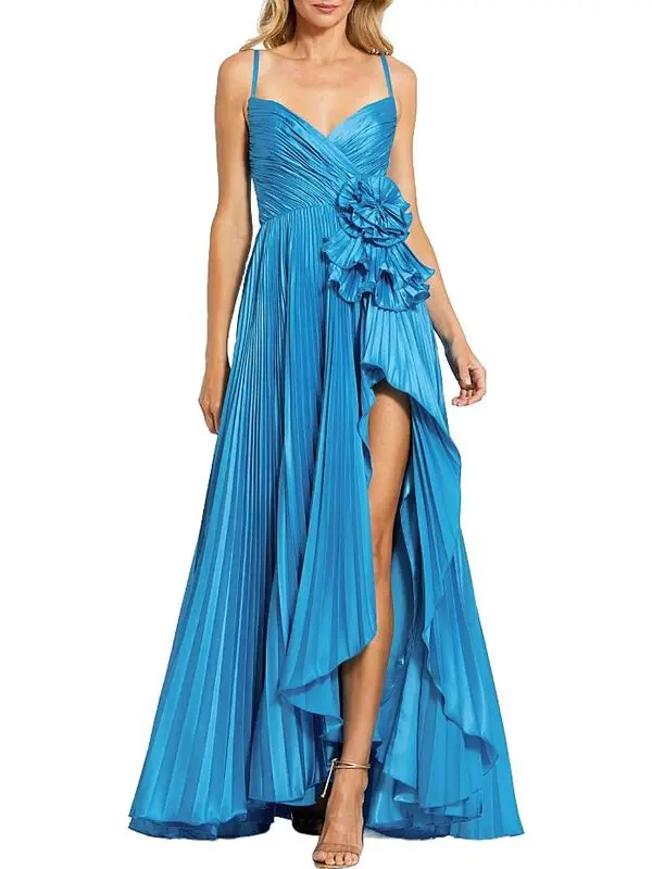 Mac Duggal V-neck Pleated Charmeuse Gown With Floral Applique And High-low Skirt - Turquoise